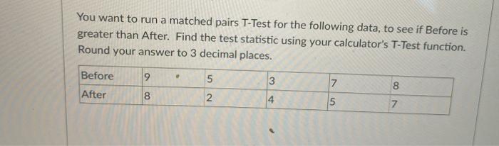 Solved You want to run a matched pairs T-Test for the | Chegg.com