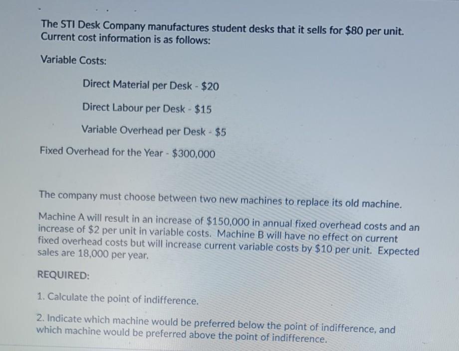 Solved The STI Desk Company manufactures student desks that | Chegg.com