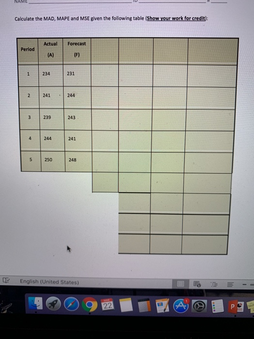 Solved NAME Calculate the MAD, MAPE and MSE given the | Chegg.com