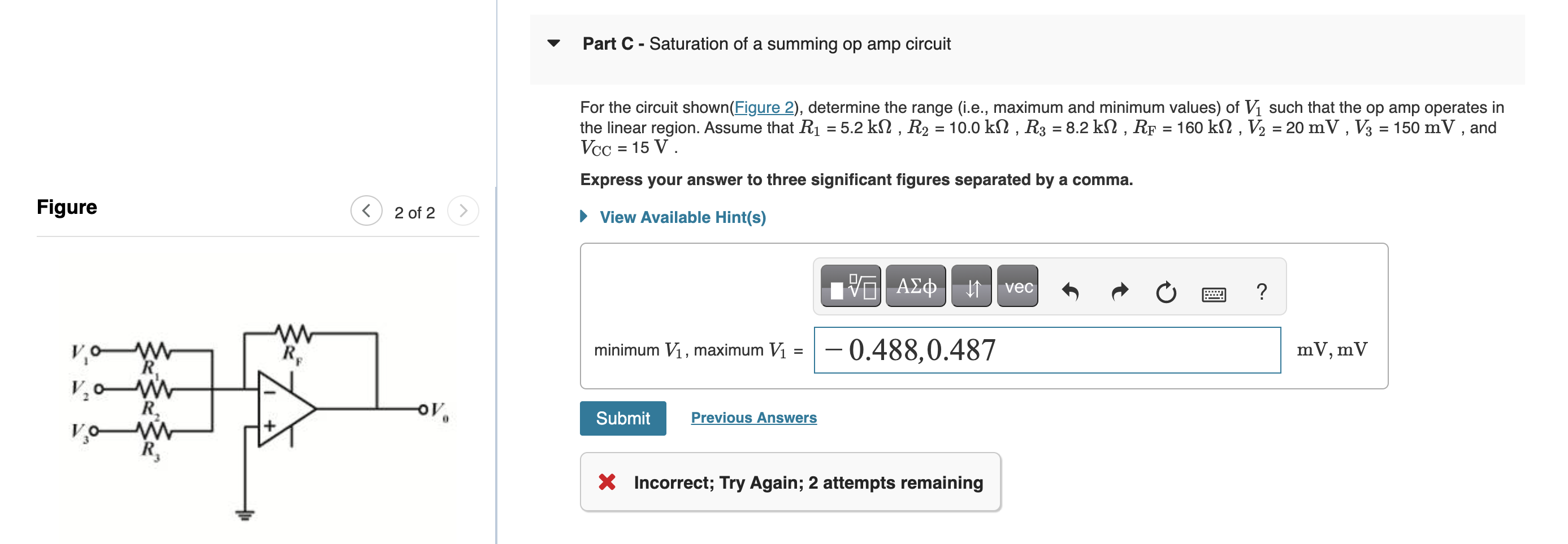 Solved Part C - ﻿Saturation of a summing op amp circuitFor | Chegg.com