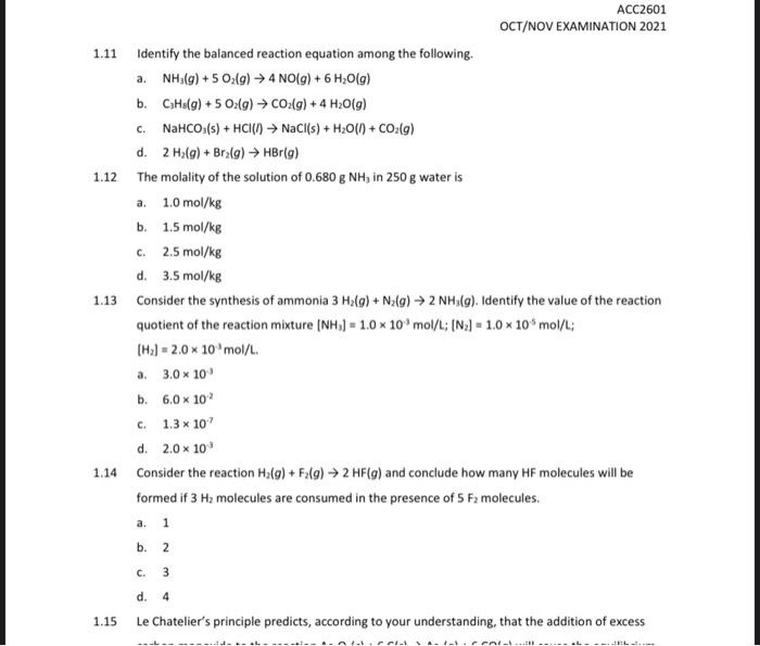 1 11 Identify The Balanced Reaction Equation Among