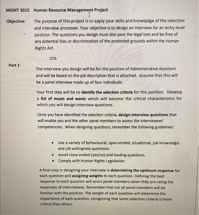 Solved Human Resource Management Project The purpose of this | Chegg.com