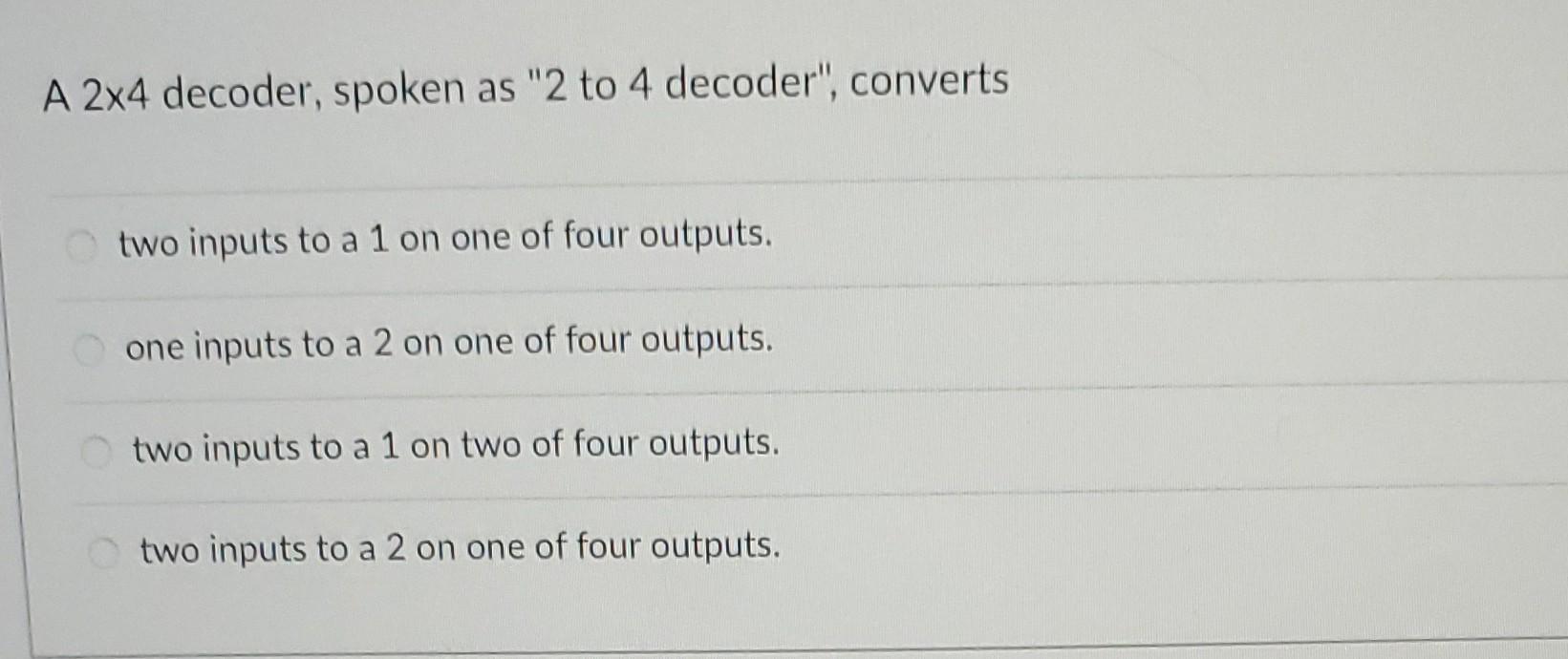 Solved A 2x4 decoder, spoken as "2 to 4 decoder", converts | Chegg.com