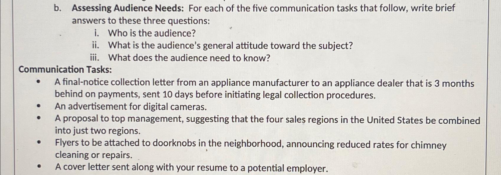 Solved b. ﻿Assessing Audience Needs: For each of the five | Chegg.com