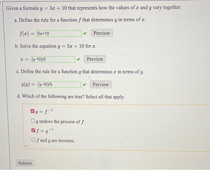 Solved a formula y=5x+10 that represents how the values of x | Chegg.com