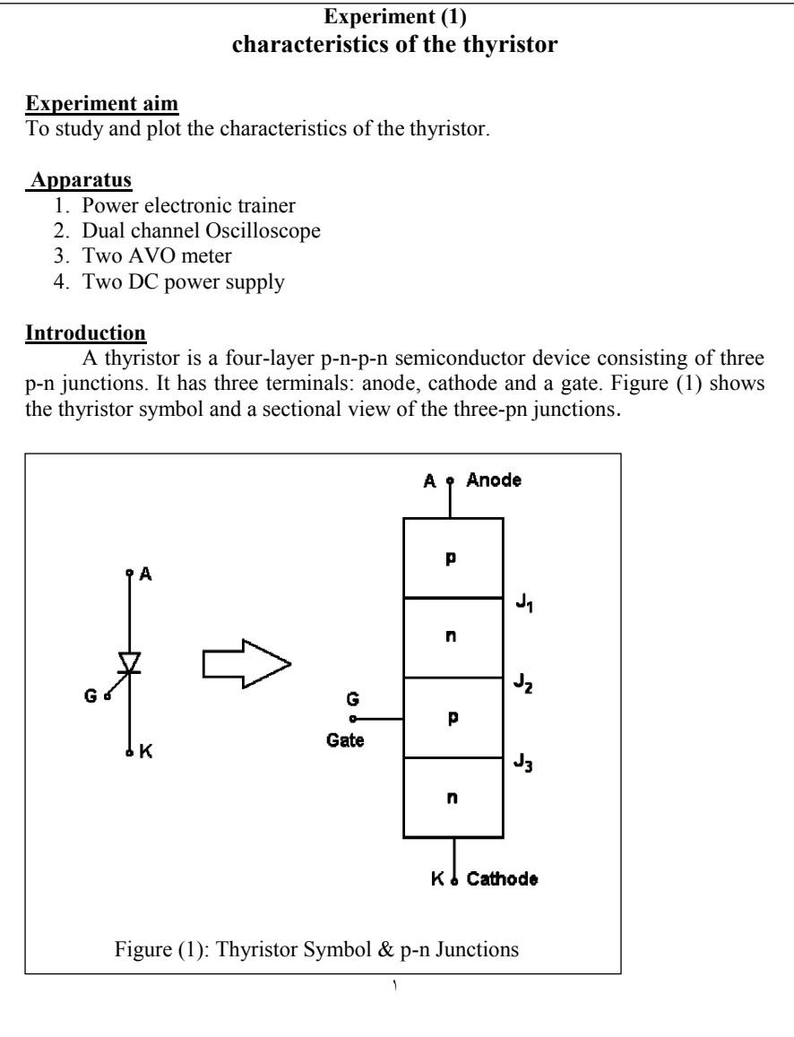 Solved Experiment (1) characteristics of the thyristor | Chegg.com