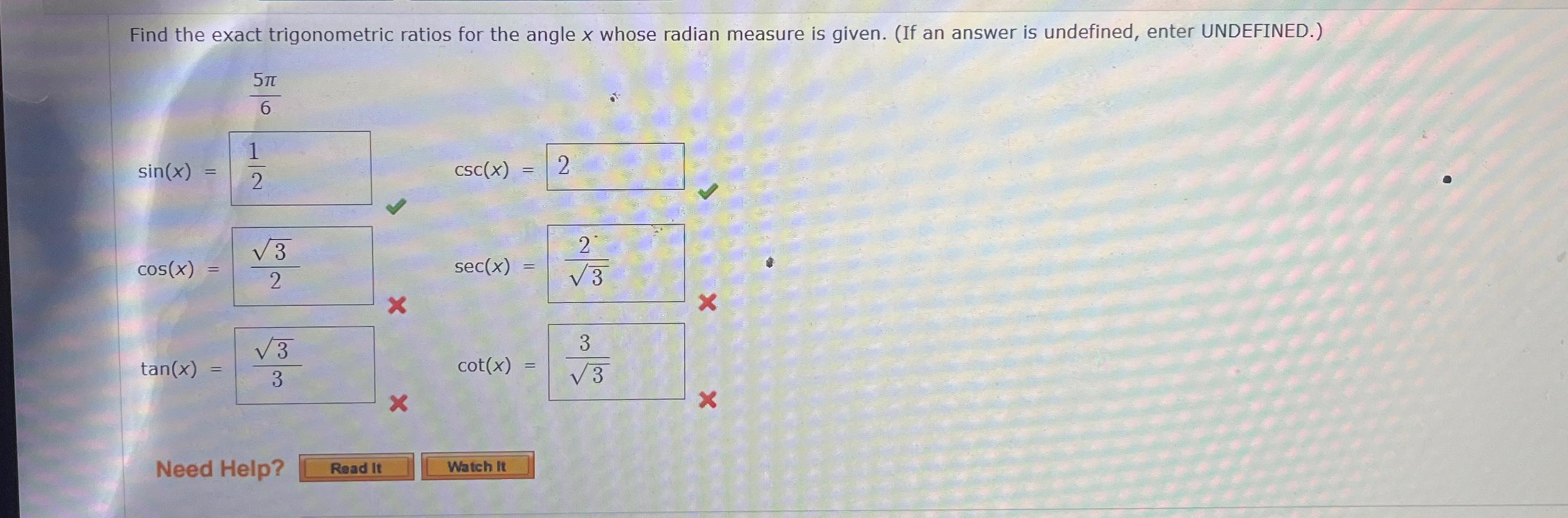 Solved Find The Exact Trigonometric Ratios For The Angle X