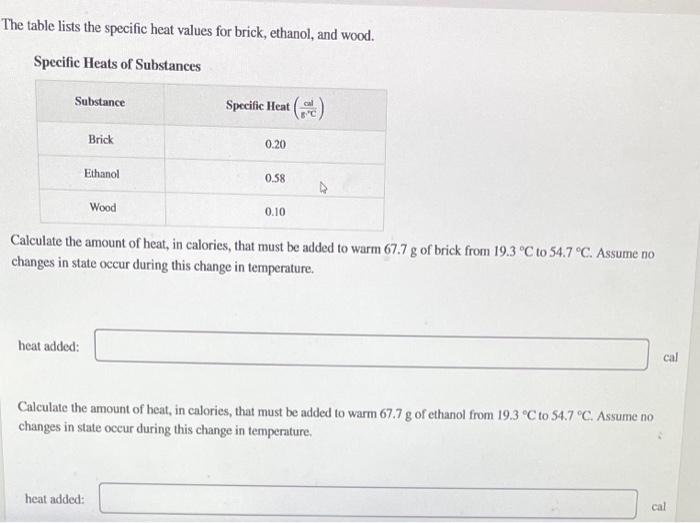 Solved The table lists the specific heat values for brick, | Chegg.com