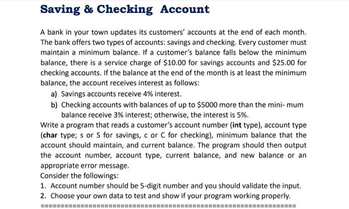 Solved Saving & Checking Account A bank in your town updates | Chegg.com