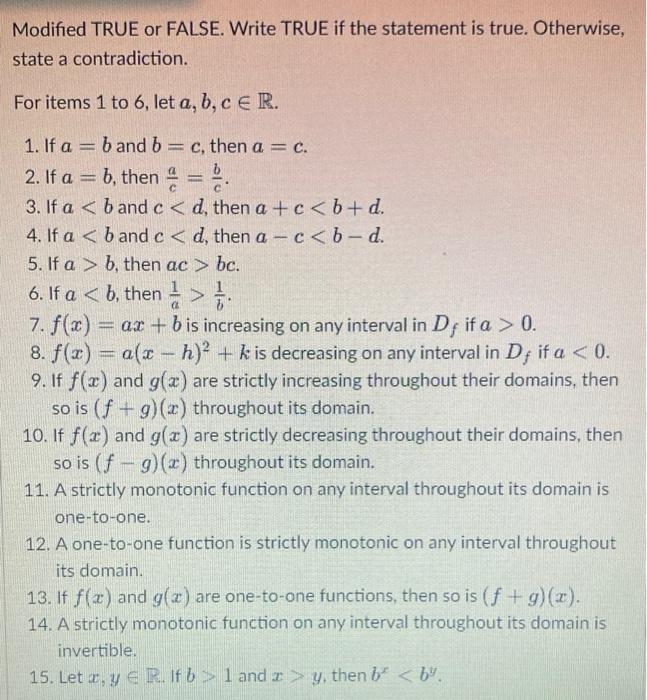 Solved Modified TRUE or FALSE. Write TRUE if the statement | Chegg.com