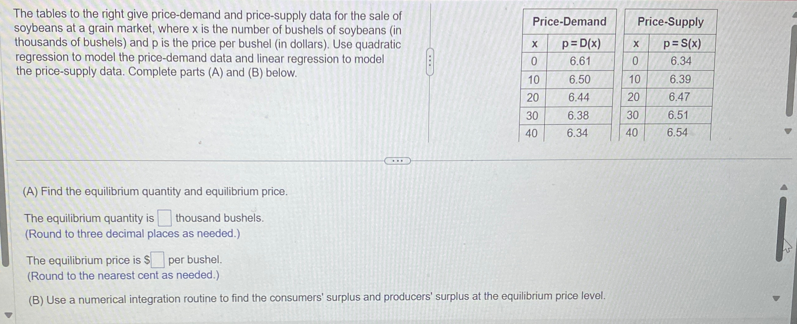 Solved The tables to the right give price-demand and | Chegg.com