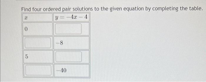 Solved Find four ordered pair solutions to the given | Chegg.com