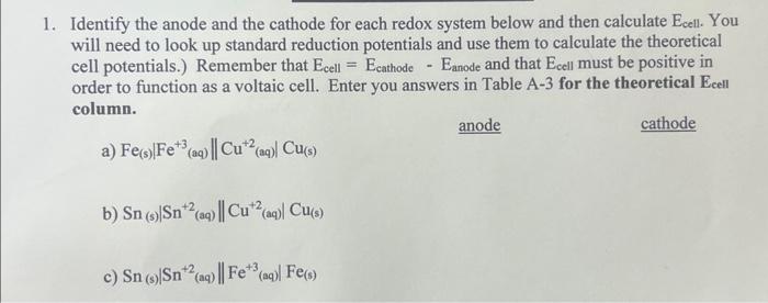 1. Identify the anode and the cathode for each redox | Chegg.com