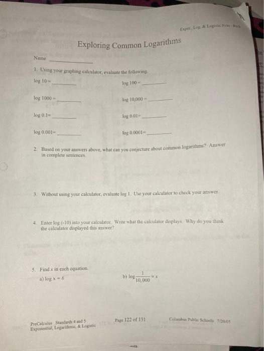 Solved Exploring Common Logarithms Name 1. Using your | Chegg.com