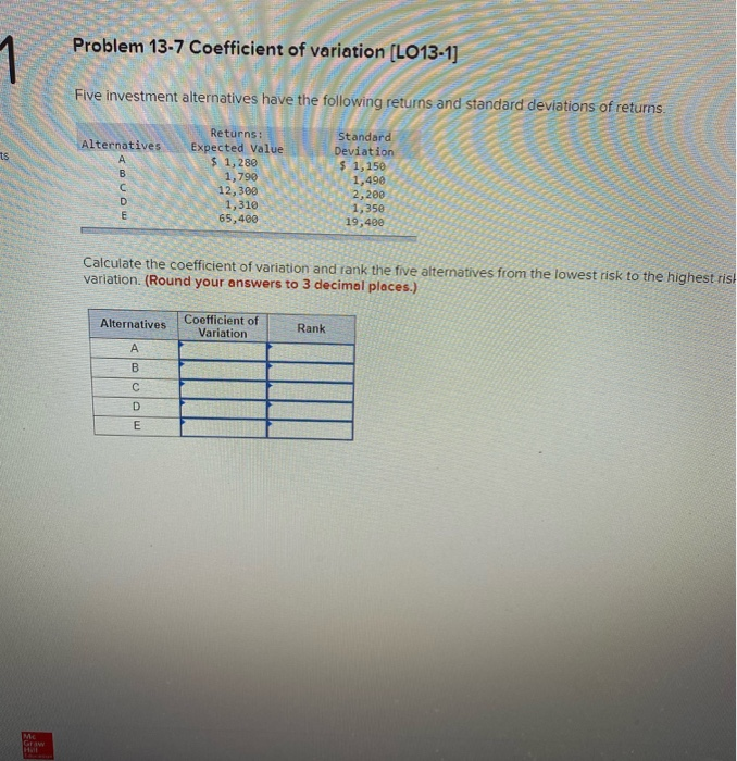 Solved 1 Problem 13-7 Coefficient of variation (LO13-1] Five | Chegg.com