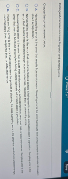 Solved Points: 0 ﻿of 1SweDistinguish between nonsampling | Chegg.com