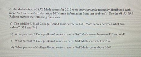 The distribution of SAT Math scores for 2017 ﻿were | Chegg.com