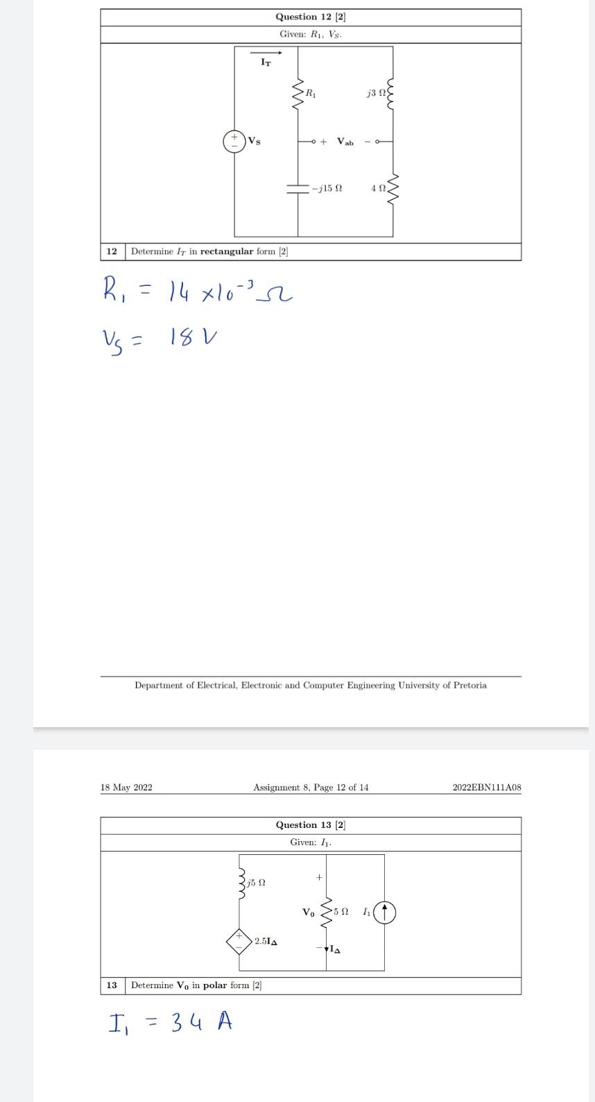 Solved 12 IT Ri Question 12 [2] Given: R₁, Vs. j5 N in to | Chegg.com