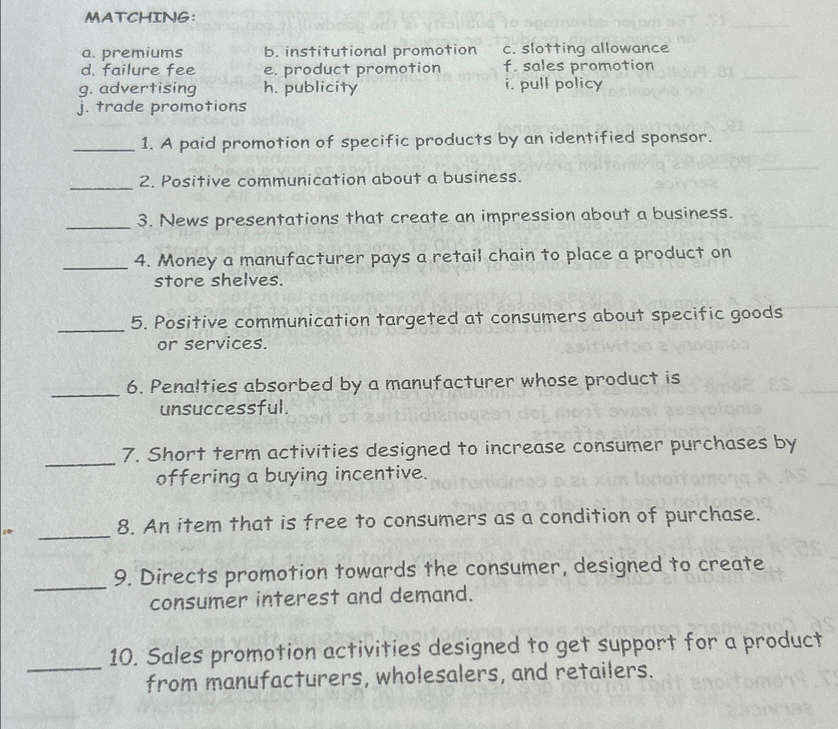 Solved MATCHING:a. ﻿premiumsb. ﻿institutional promotionc. | Chegg.com