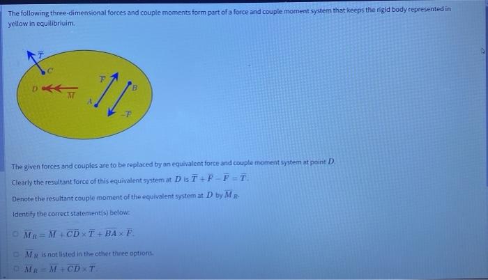 Solved The following three-dimensional forces and couple | Chegg.com