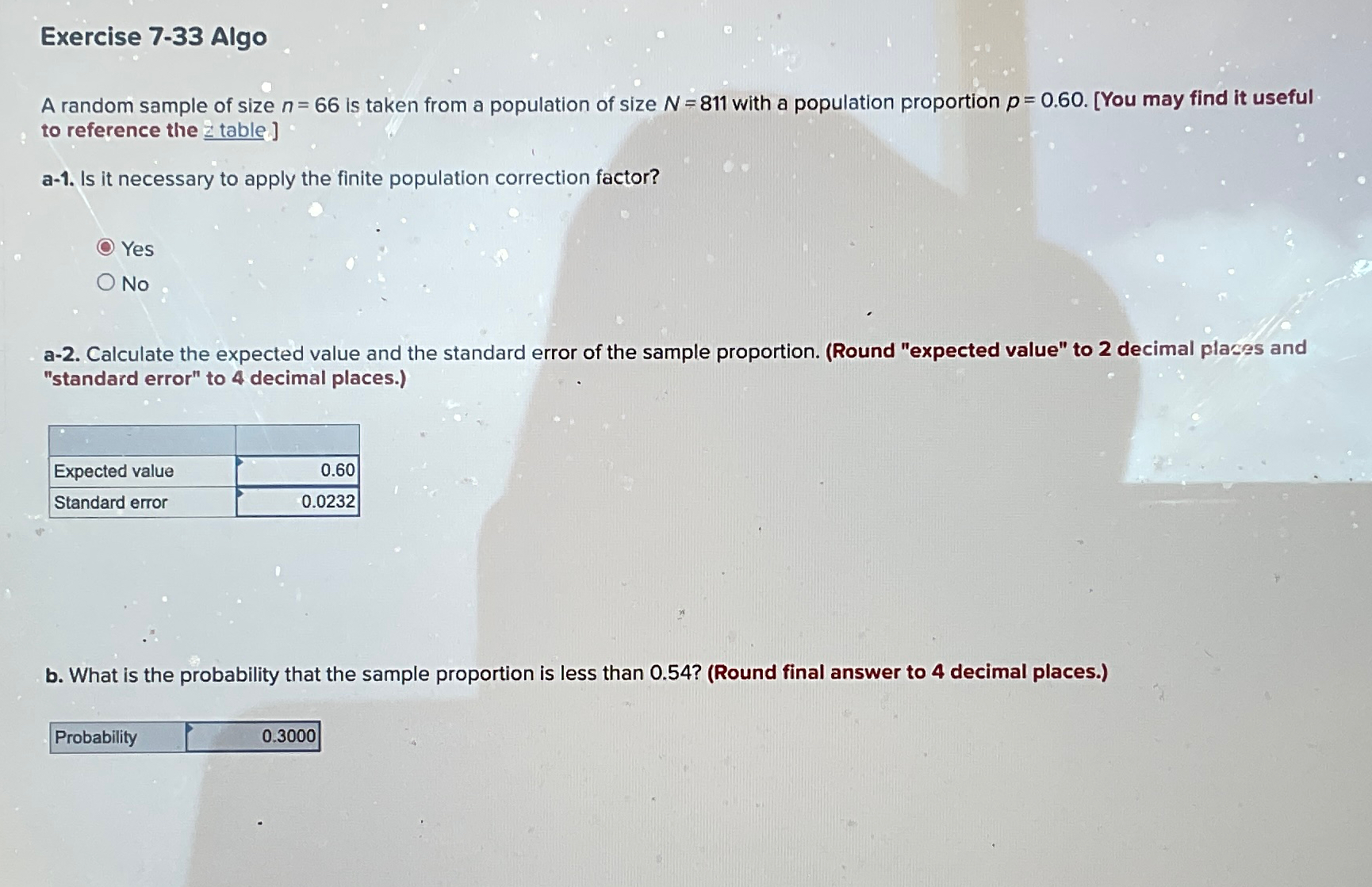 Solved Exercise 7-33 ﻿AlgoA random sample of size n=66 ﻿is | Chegg.com