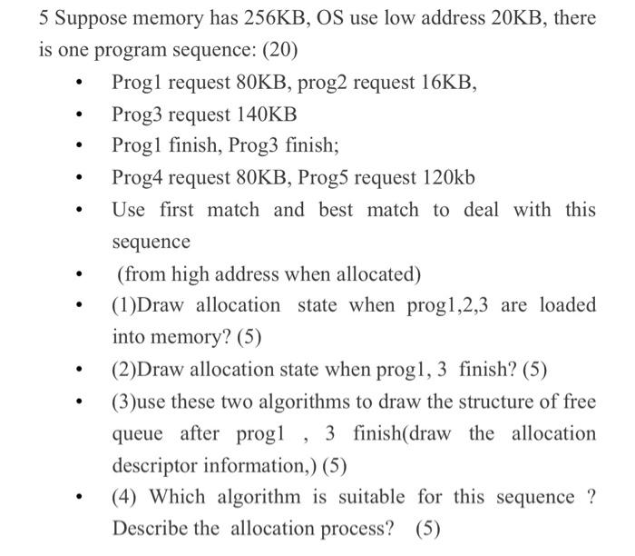 Solved 5 Suppose memory has 256KB, OS use low address 20KB, | Chegg.com