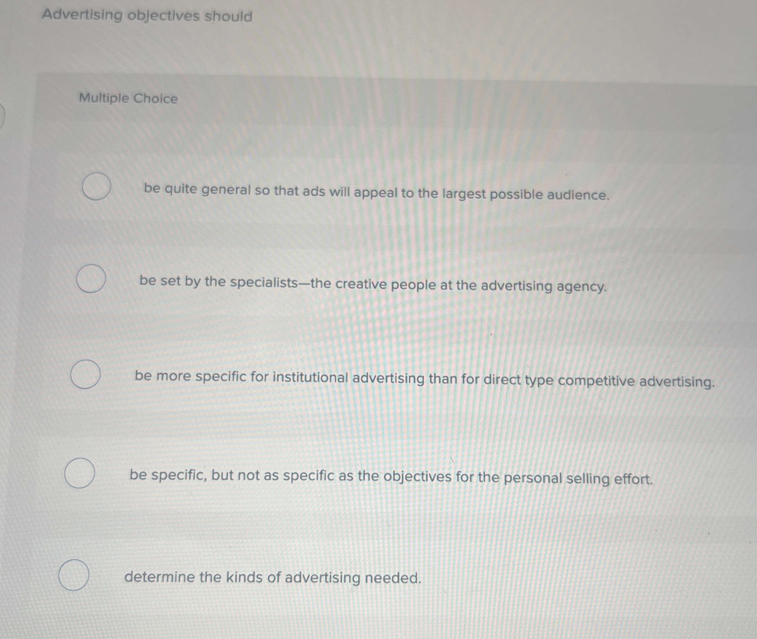 Solved Advertising objectives shouldMultiple Choice ﻿be | Chegg.com