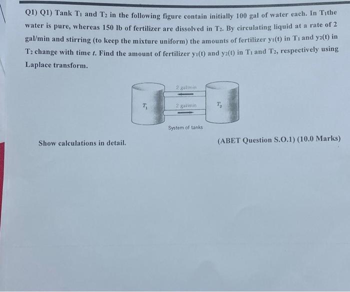 Solved Q1) Q1) Tank T1 and T2 in the following figure | Chegg.com