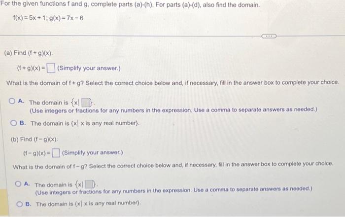 Solved f(x)=5x+1;g(x)=7x−6 (a) Find (f+g)(x). (f+g)(x)=( | Chegg.com