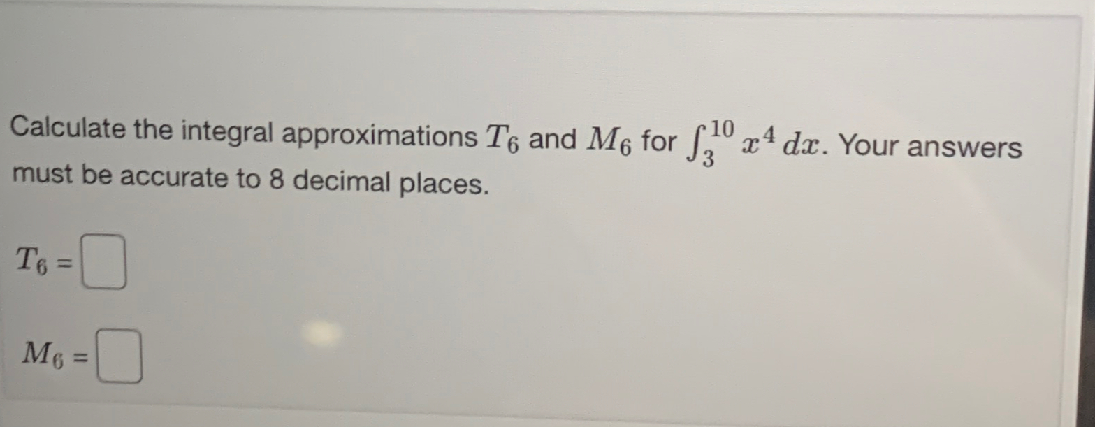 Solved Calculate the integral approximations T6 ﻿and M6 ﻿for | Chegg.com