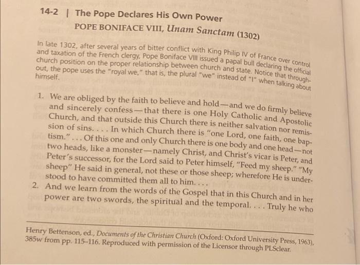 14-2 | The Pope Declares His Own Power POPE BONIFACE | Chegg.com