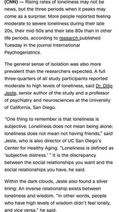 Solved (CNN) - Rising rates of loneliness may not be news, | Chegg.com