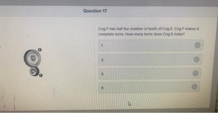 Solved Question 17 Cog F has half the number of teeth of Cog | Chegg.com