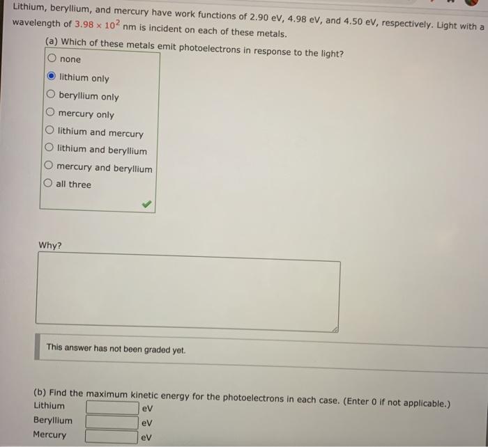 Solved Lithium, beryllium, and mercury have work functions | Chegg.com