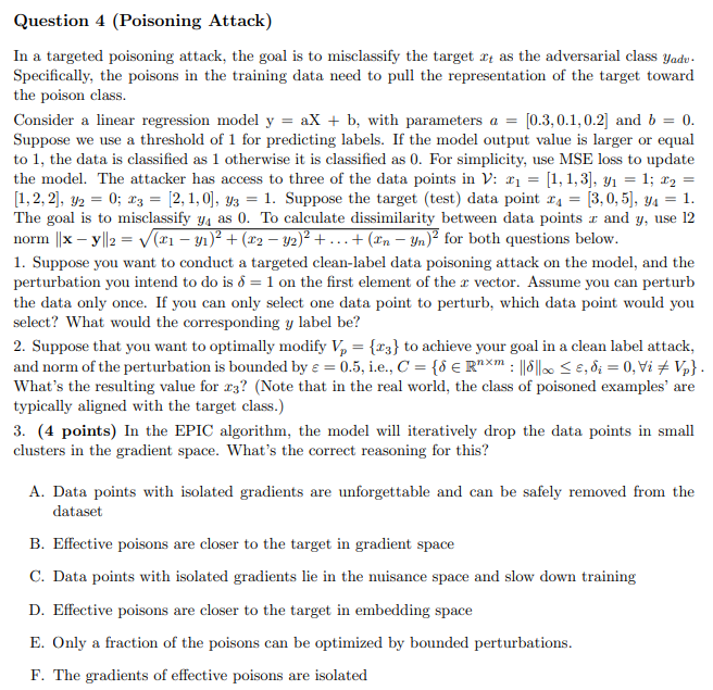 Solved Question 4 (Poisoning ﻿Attack)In ﻿a targeted | Chegg.com