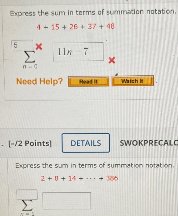 Solved Express the sum in terms of summation notation. 4 + | Chegg.com