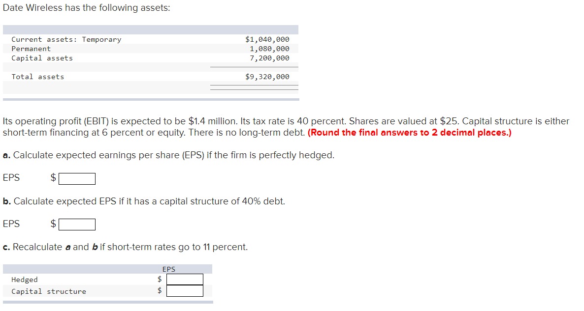 Solved Date Wireless has the following assets:Its operating | Chegg.com
