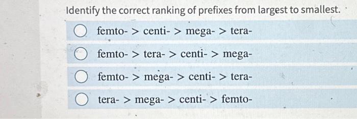 Solved Identify the correct ranking of prefixes from largest | Chegg.com