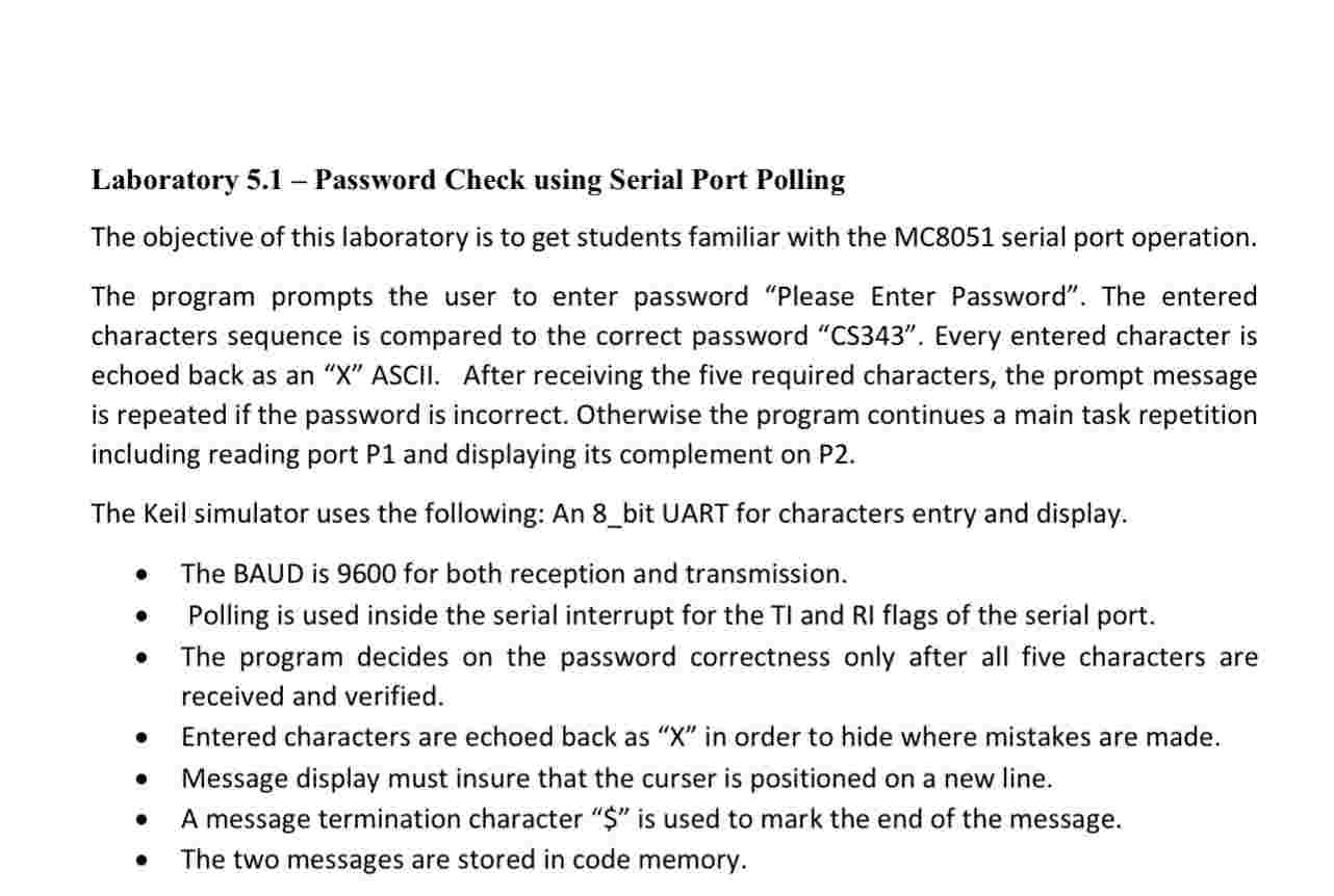 Laboratory 5.1 - ﻿Password Check using Serial Port | Chegg.com