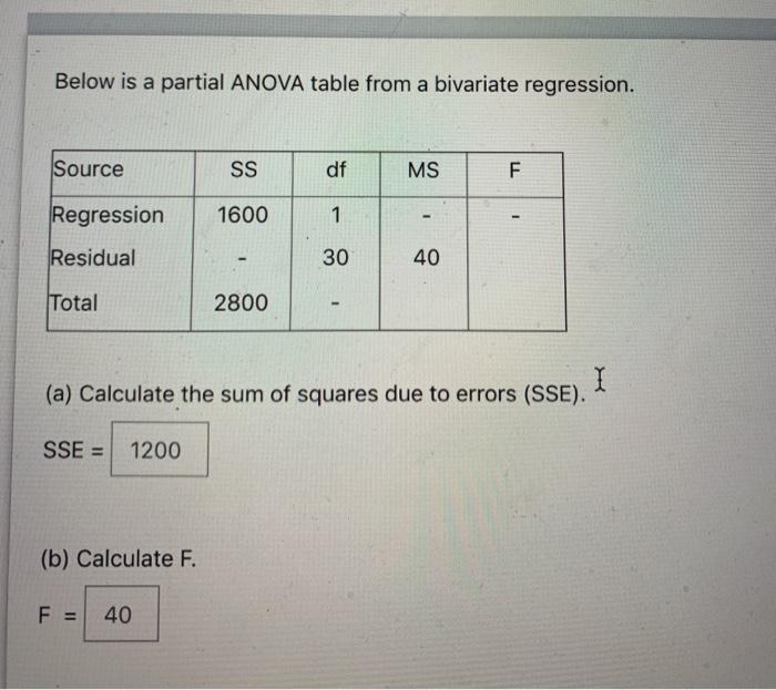 Solved Below is a partial ANOVA table from a bivariate | Chegg.com