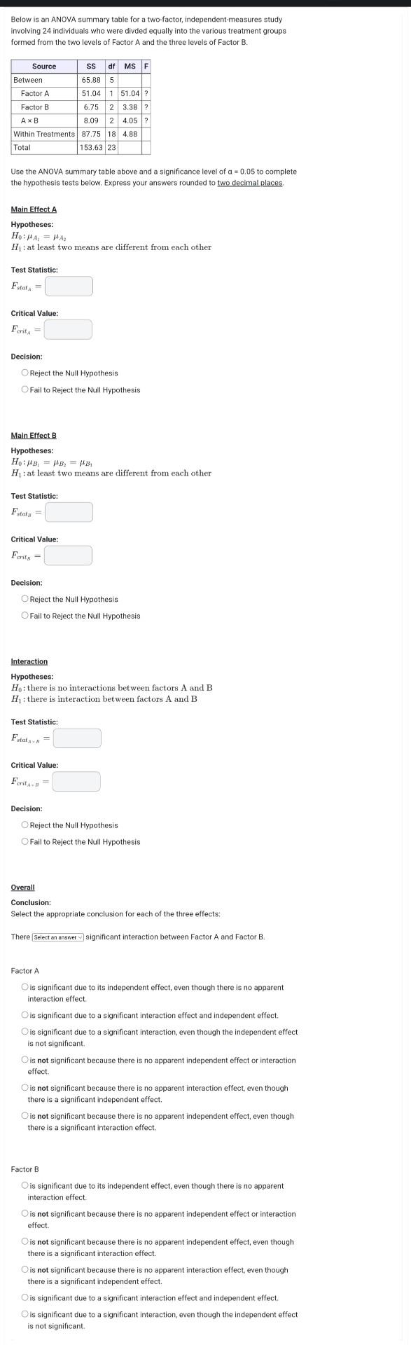 Solved Below is an ANOVA summary table for a two-factor, | Chegg.com