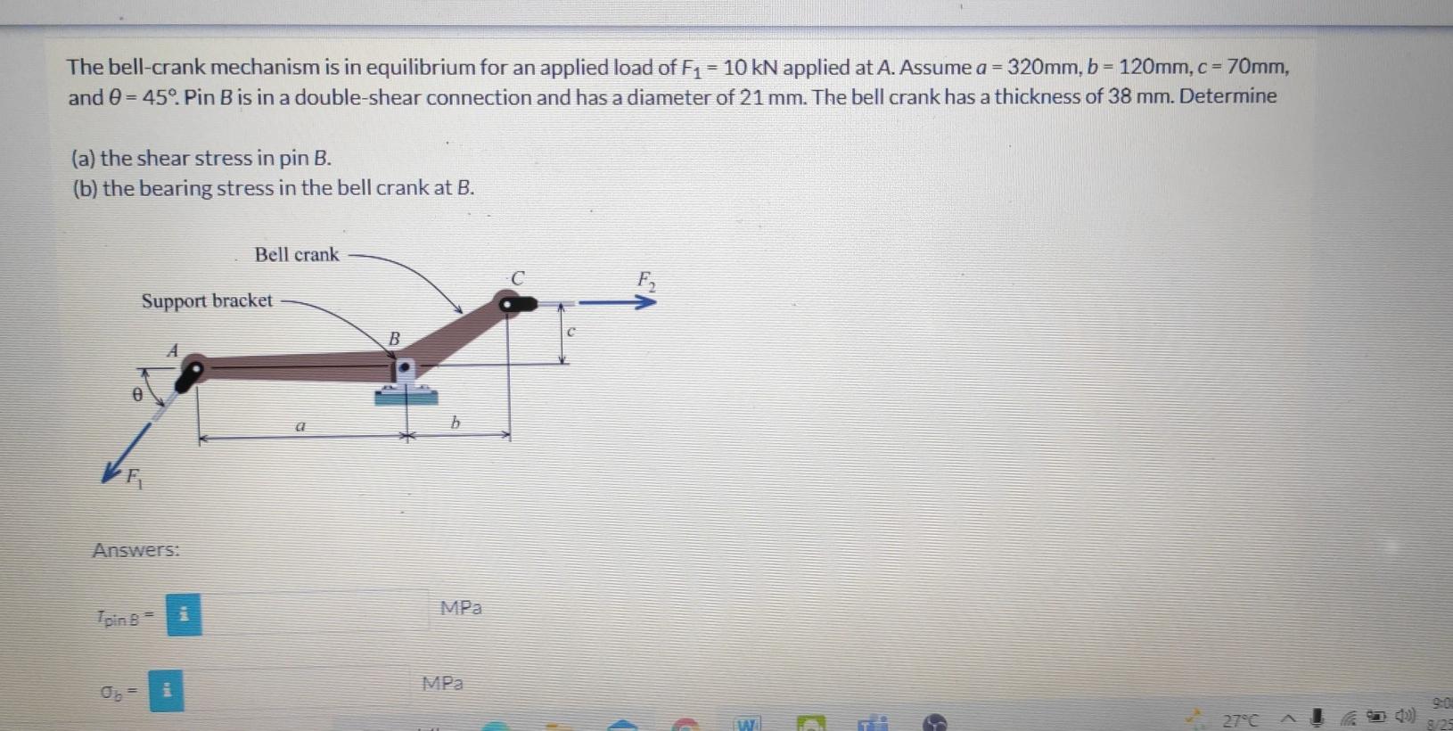 Solved The bell-crank mechanism is in equilibrium for an | Chegg.com
