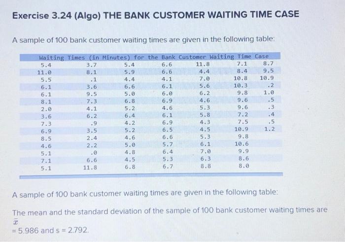 Solved Exercise 3.24 (Algo) THE BANK CUSTOMER WAITING TIME | Chegg.com