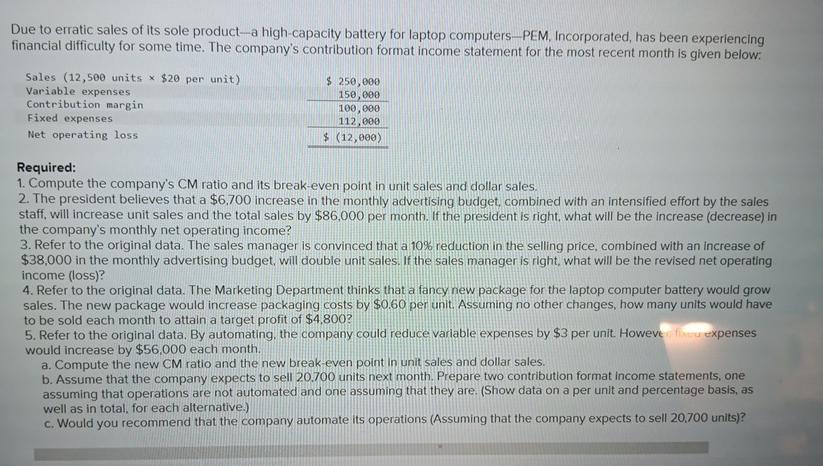 Solved Due to erratic sales of its sole product-a | Chegg.com