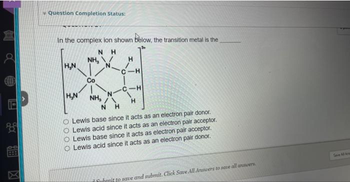 Solved In the complex ion shown below, the transition metal | Chegg.com