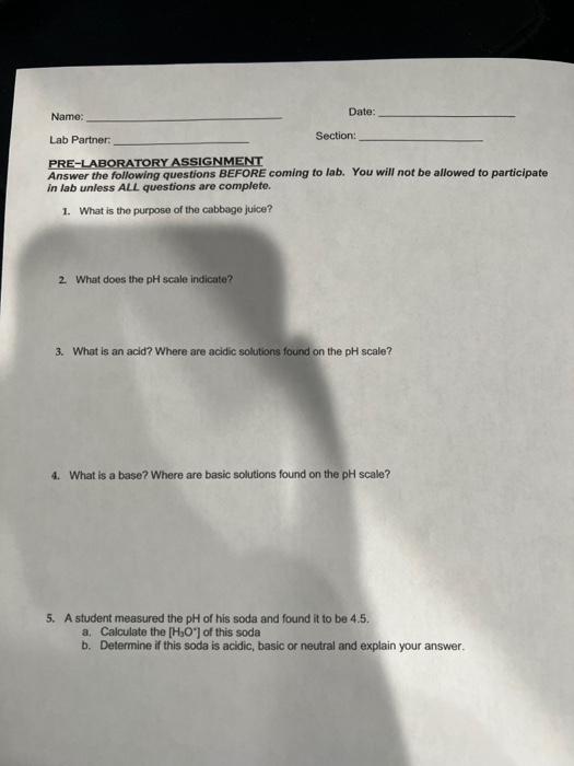 Lab Partner: Section: PRE-LABORATORY ASSIGNMENT | Chegg.com