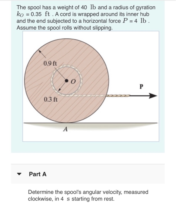 Solved The spool has a weight of 40 lb and a radius of | Chegg.com