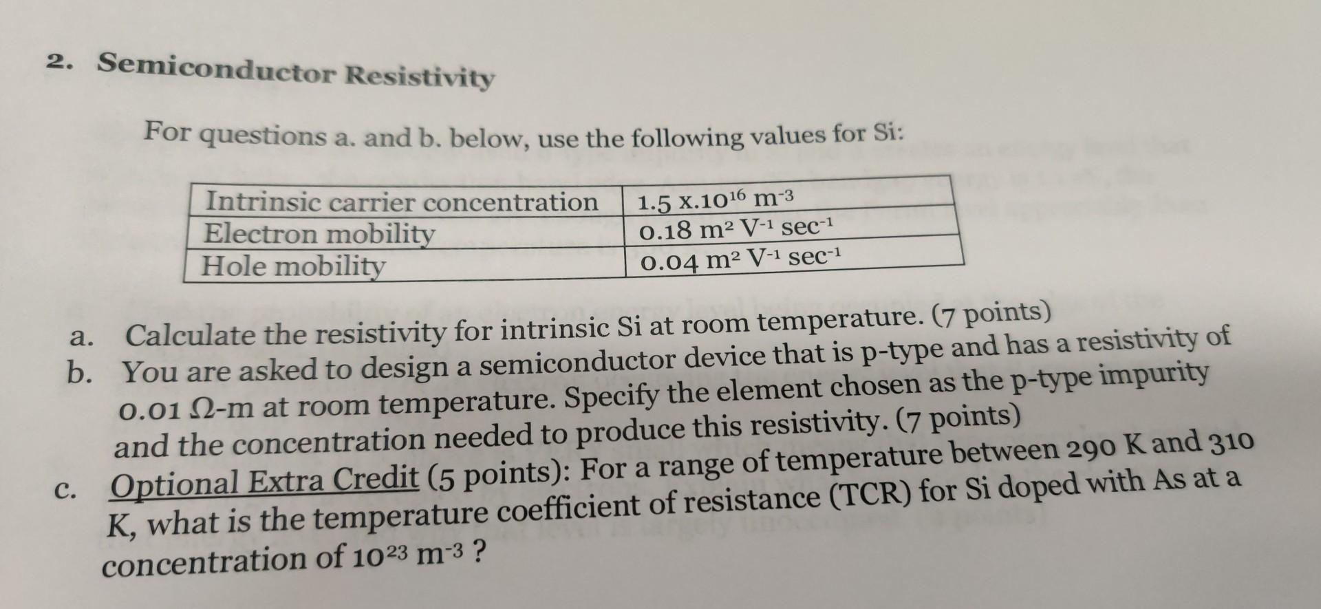 Solved 2. Semiconductor Resistivity For questions a. and b. | Chegg.com