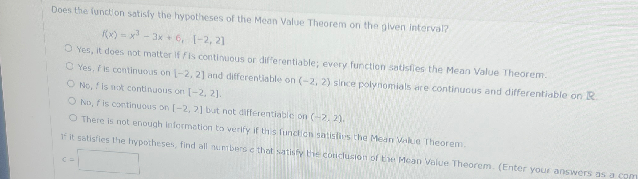 Solved Does the function satisfy the hypotheses of the Mean | Chegg.com