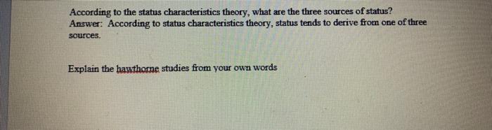 Solved According to the status characteristics theory, what | Chegg.com